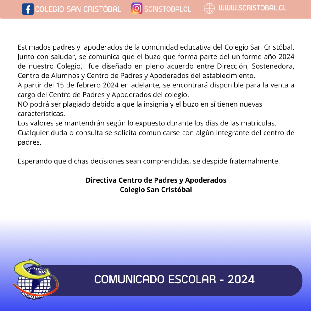 Comunicado Escolar - 2024 - Colegio San Cristóbal